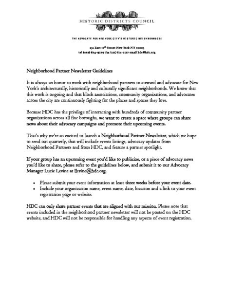 Neighborhood Partner Newsletter Submission Guidelines | HDC Neighborhood Partner Newsletter Submission Guidelines | HDC